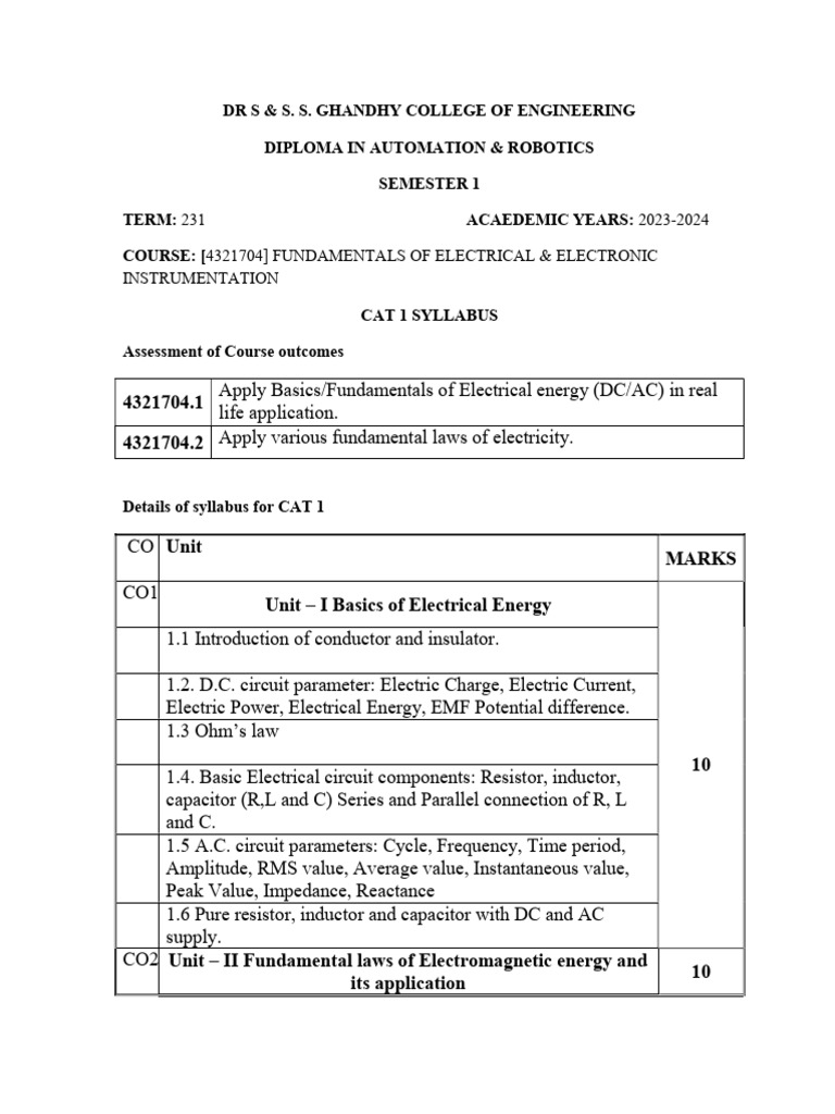 Cat 1 Syllabus and Question Bank Feei | PDF | Inductor | Capacitor