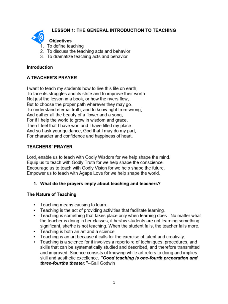 Lesson 1 The General Introduction To Teaching New | PDF | Teachers | Prayer