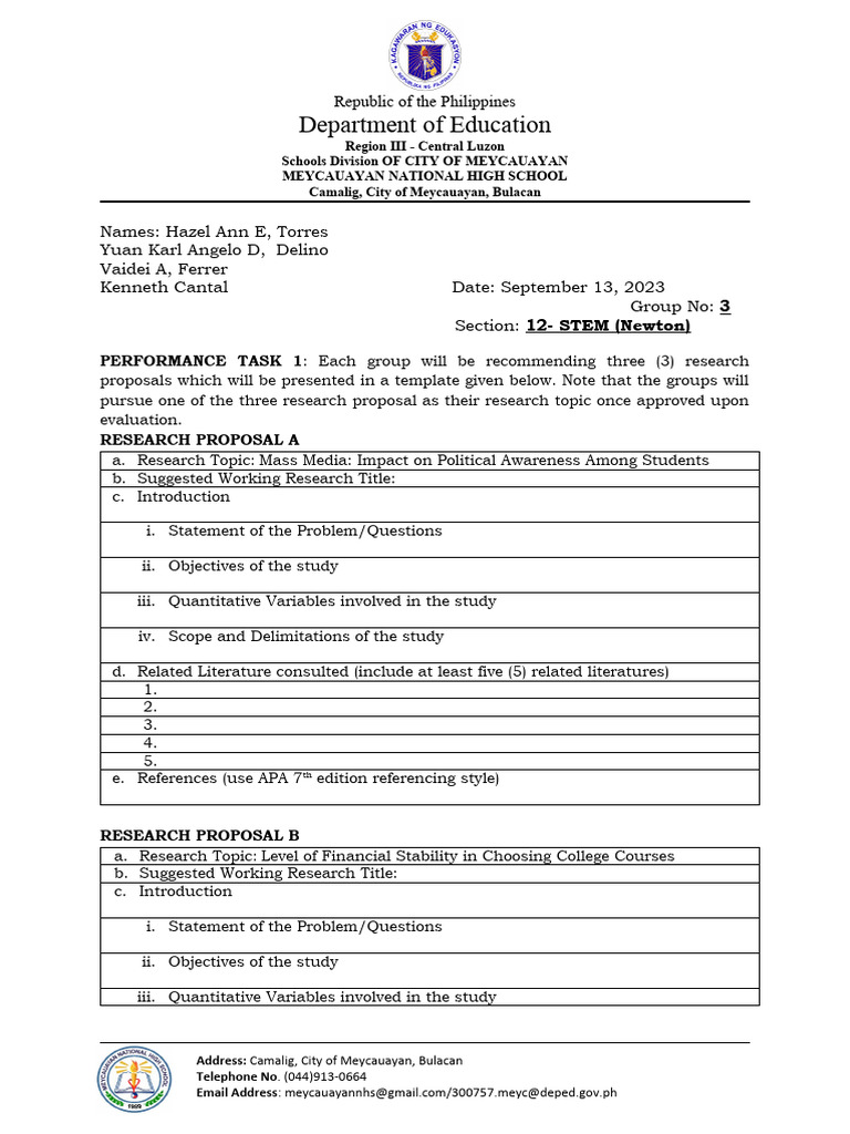 Template Performance Task 1 Quantitative Research Proposals Pdf