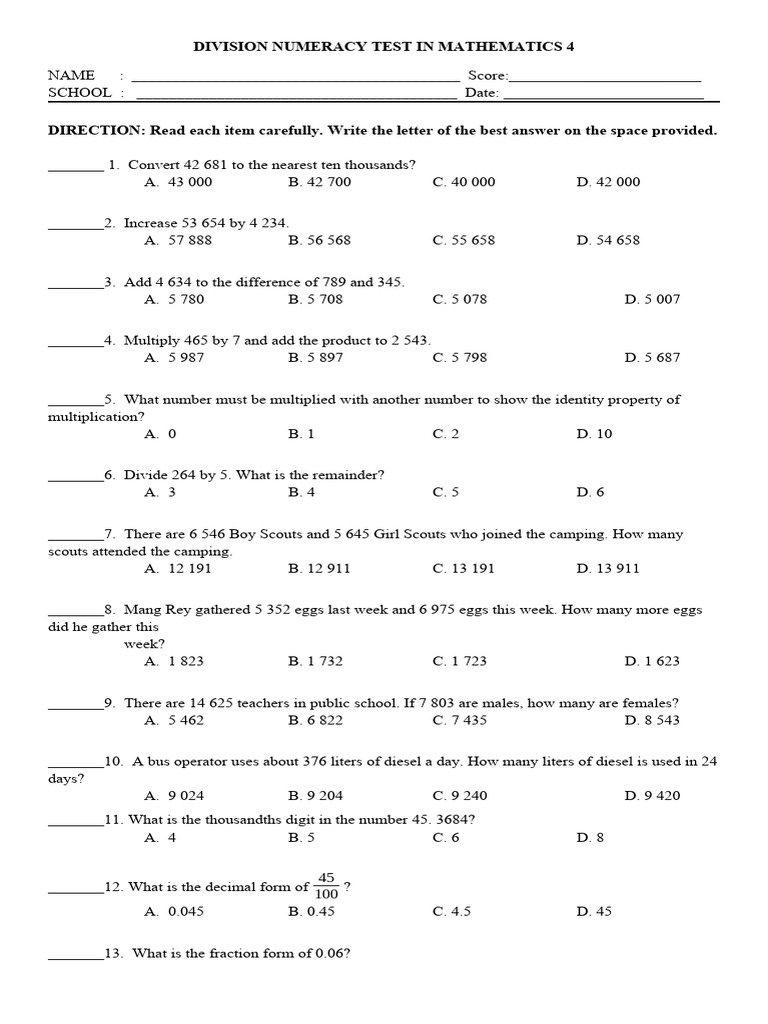 Division Numeracy Test Grade 4 | PDF | Multiplication | Mathematics