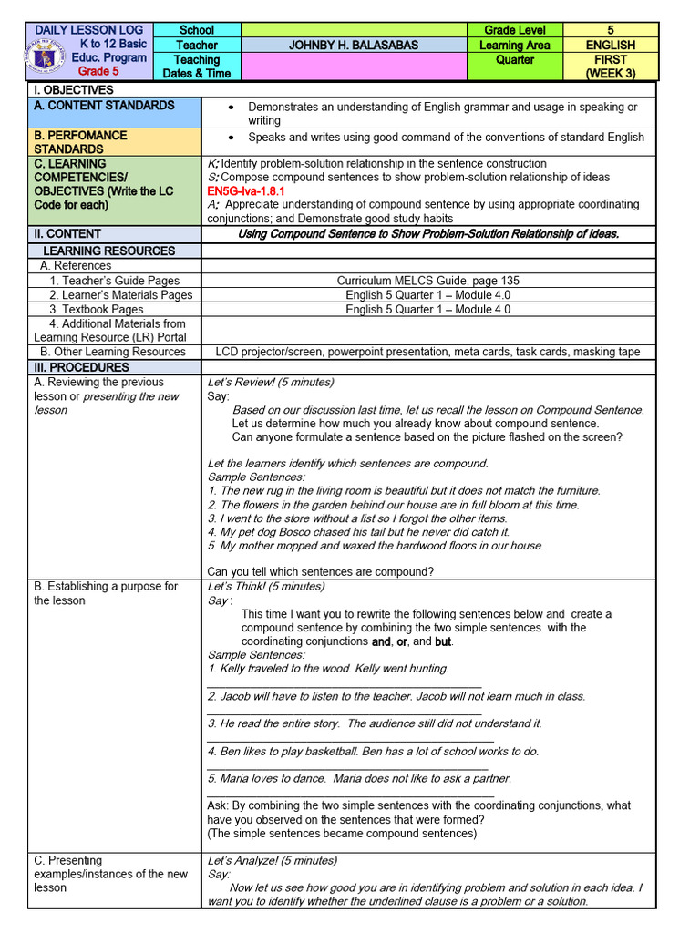English 5 Quarter 1 Compound-Sentence That Shows Problem and Solution ...