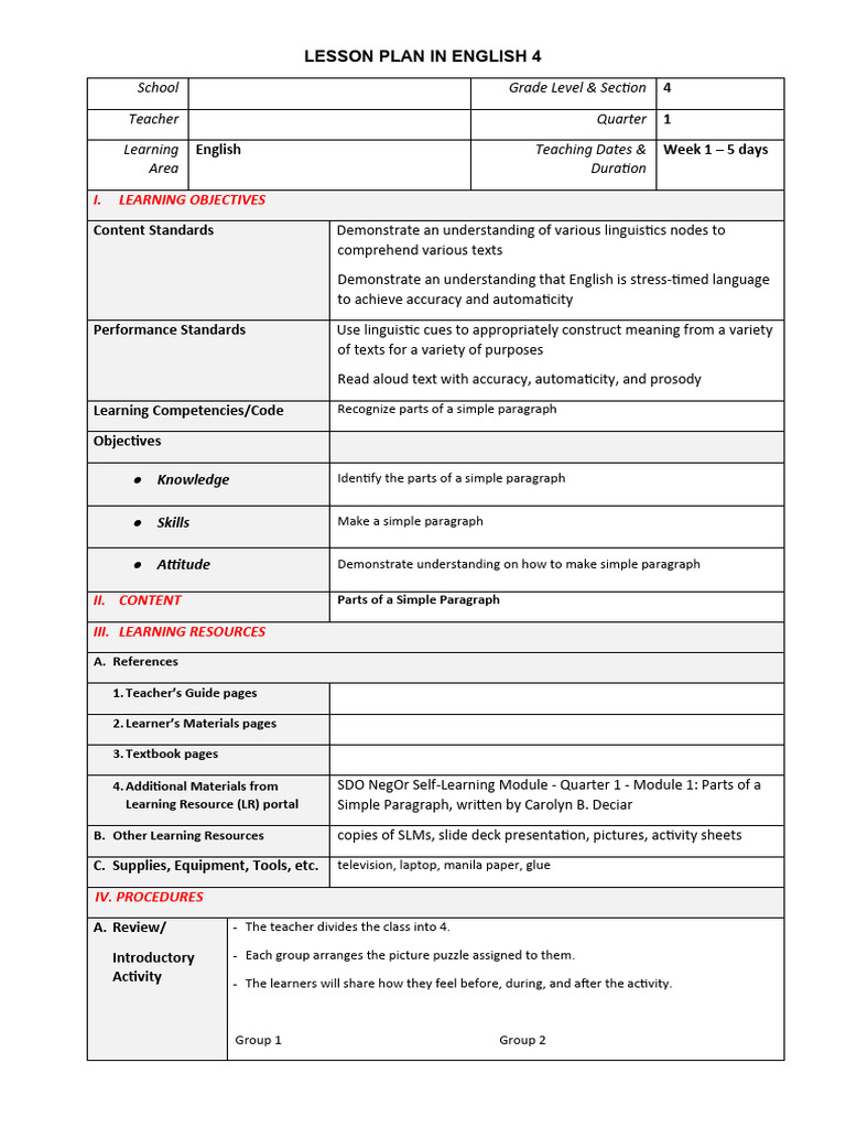 English4 Q1 DLP Week1 Parts-of-a-Simple-Paragraph | PDF | Spider Web | Learning