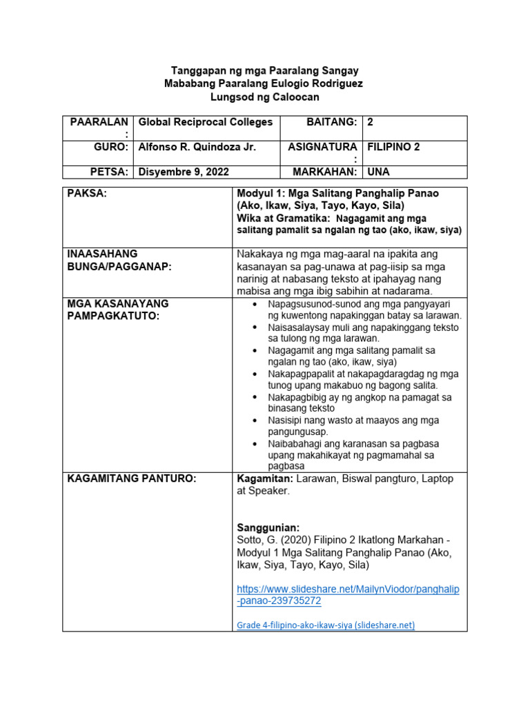 Lesson Plan in Filipino | PDF