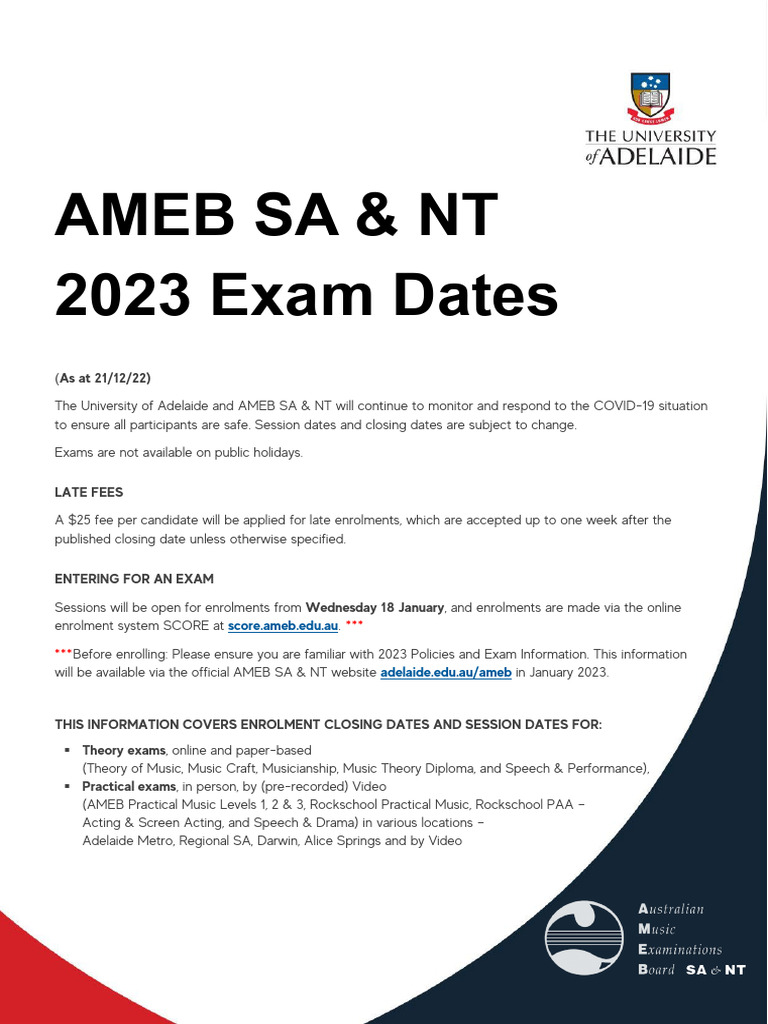 2023 Ameb Sa NT Calendar Published 211222 | PDF | Performing Arts | Music Production