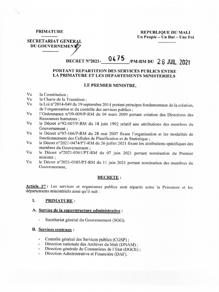 Decret N°2021 0475 Portant Repartition Des Services Publics Entre La ...