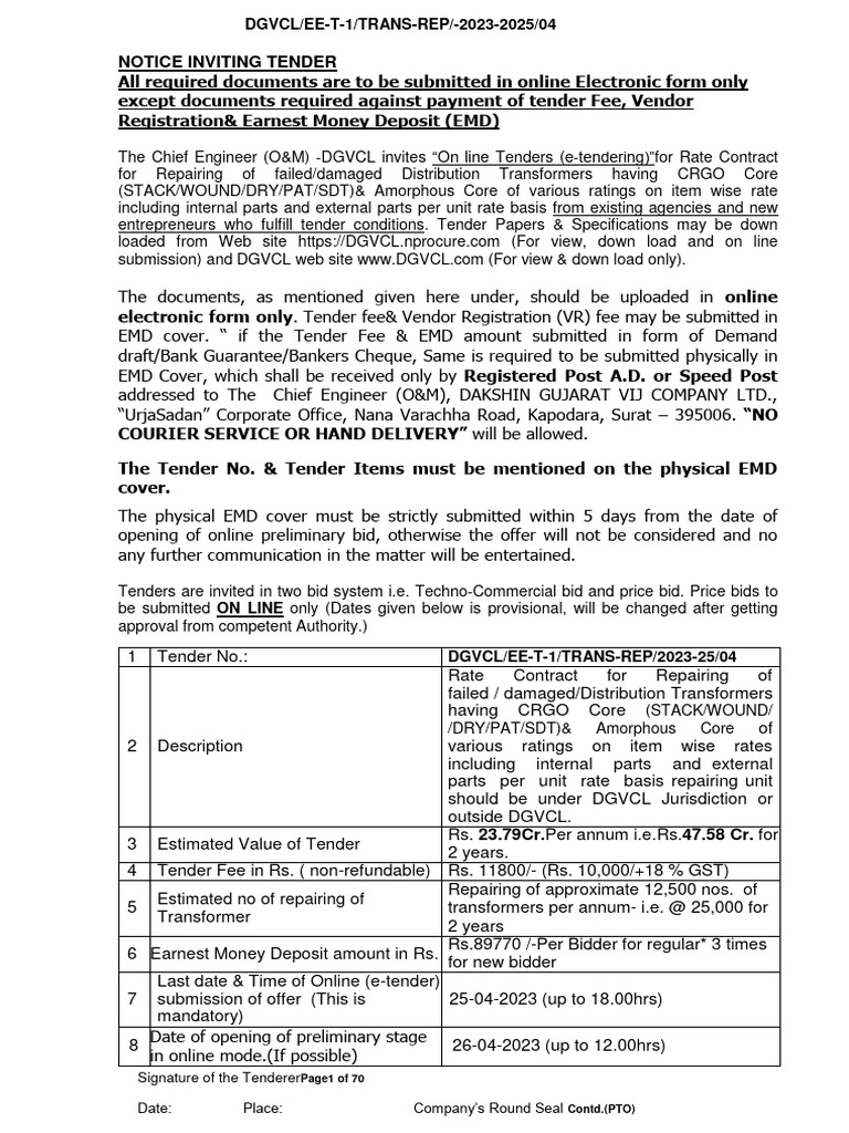 T For DGVCL Transformer Repairing Tender dtd-01-04-2023 | PDF | Cheque | Guarantee