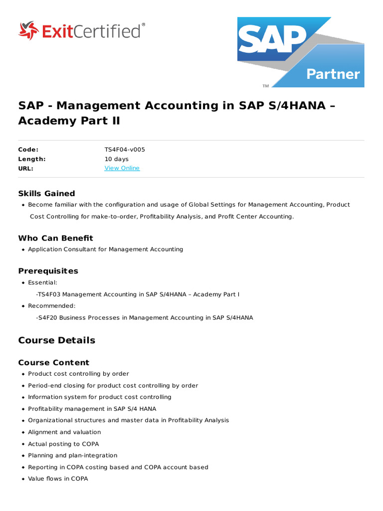 Management Accounting in Sap S4hana Academy Part II | PDF