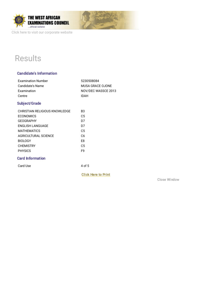 Waecdirect Online - Results | PDF