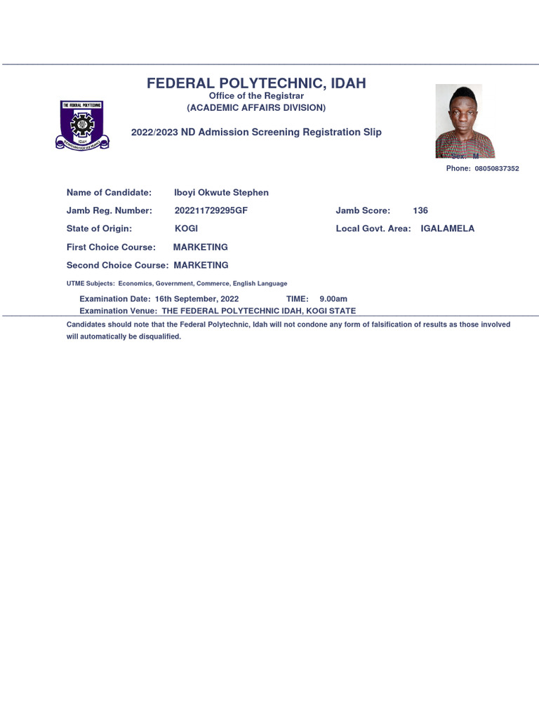 Federal Polytechnic, Idah: 2022/2023 ND Admission Screening ...
