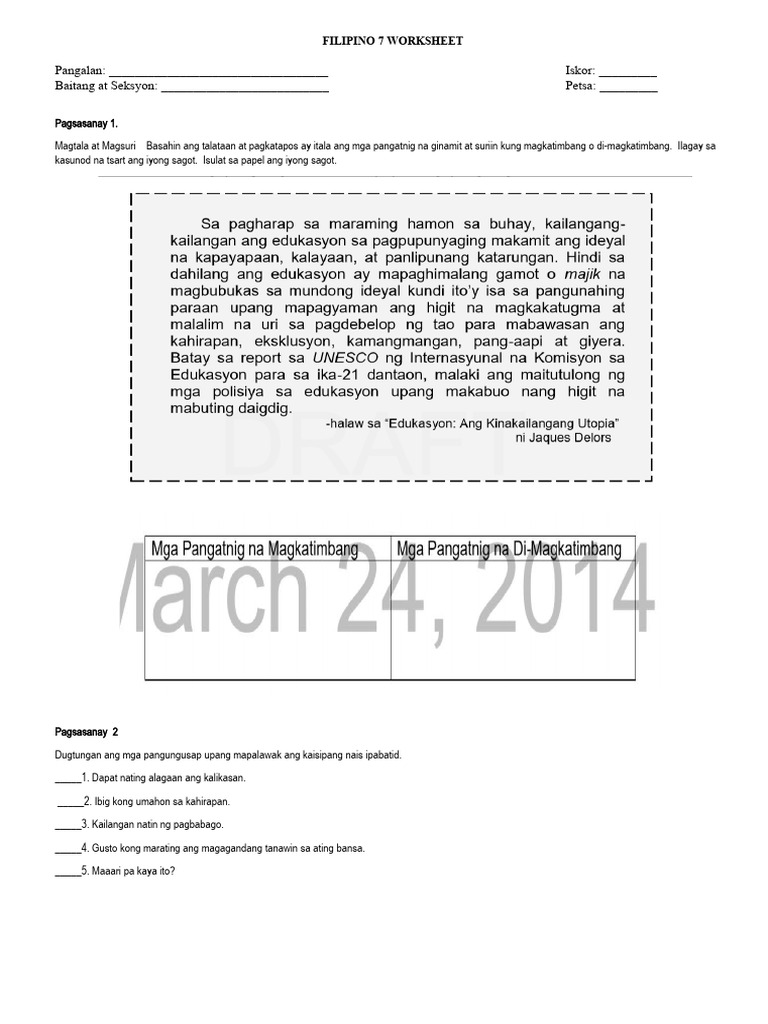 Filipino 9 Worksheet | PDF