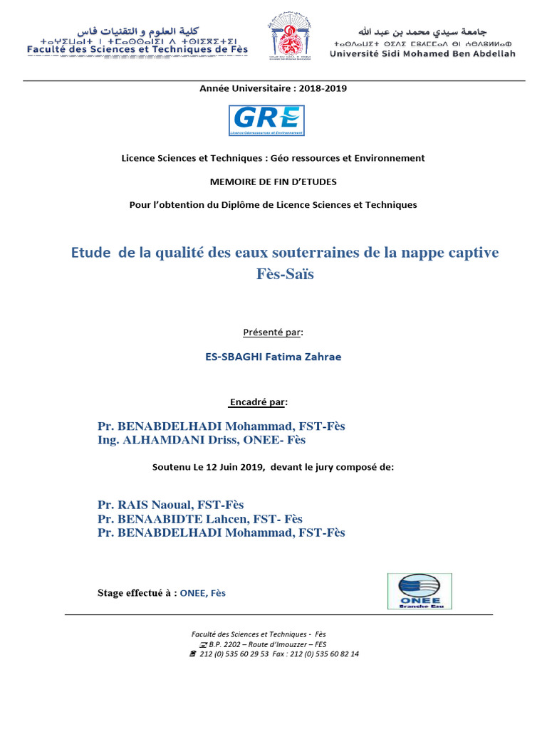 Etude de La Qualité Des Eaux Souterraines de La Nappe Captive Fès-Saïs ...