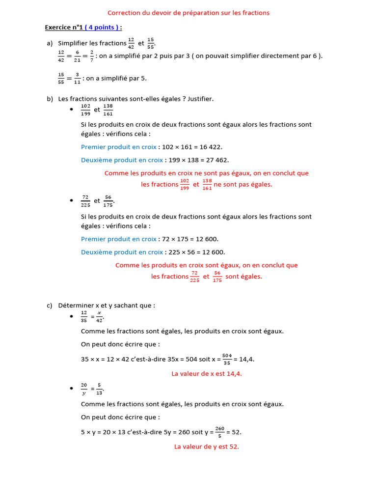 Correction Du Devoir de Préparation Sur Les Fractions | PDF | Division | Notation (mathématiques)
