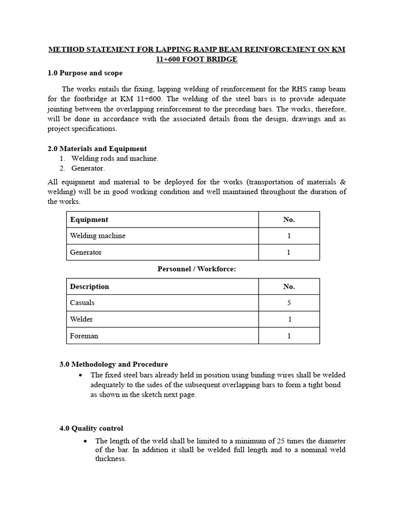 Method Statement For Lapping Ramp Main Reinforcement On KM 11+600 | PDF