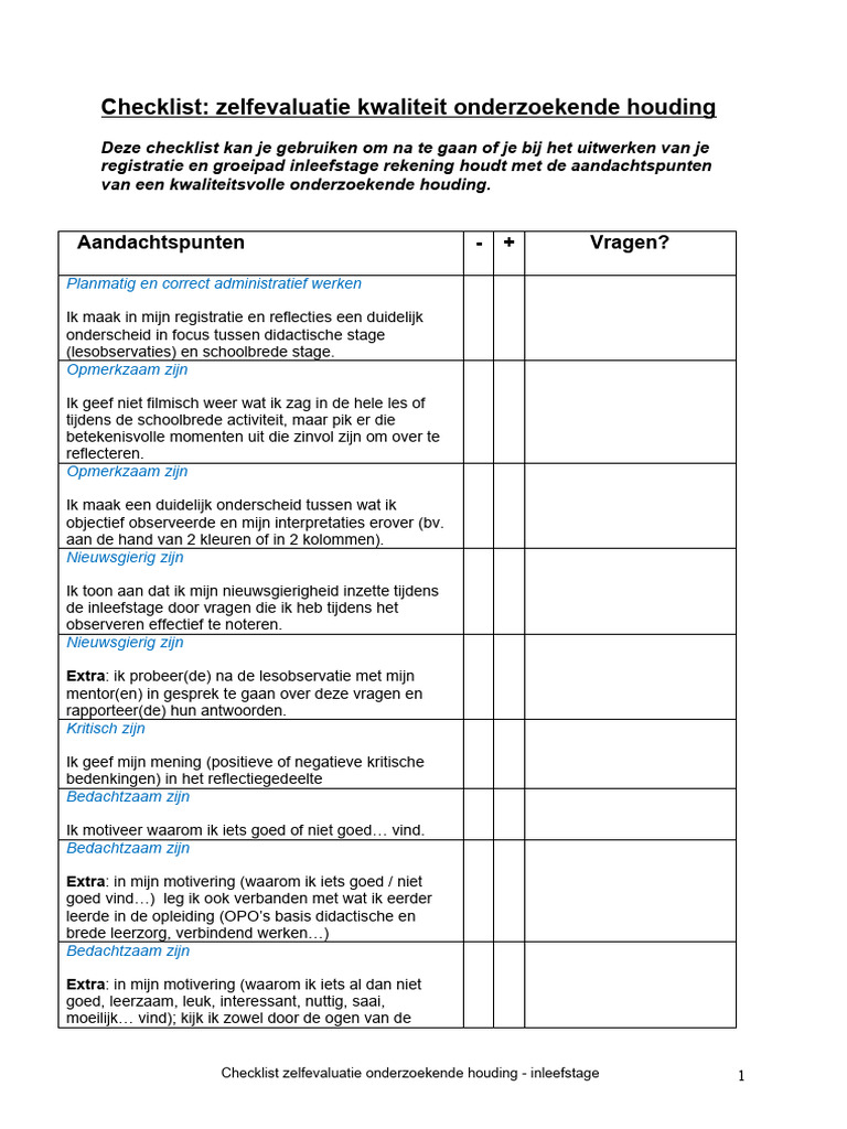 Checklist Zelfevaluatie Kwaliteit Reflecties - Onderzoekende Houding | PDF