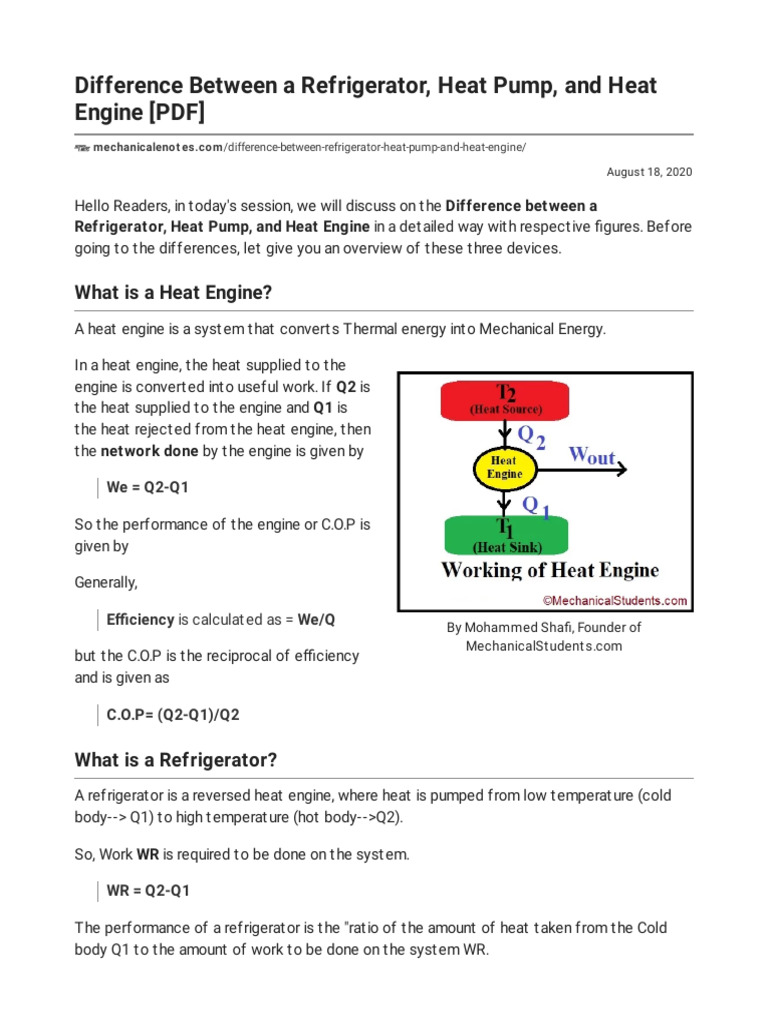 Difference Between A Refrigerator, Heat Pump, and Heat Engine (PDF ...