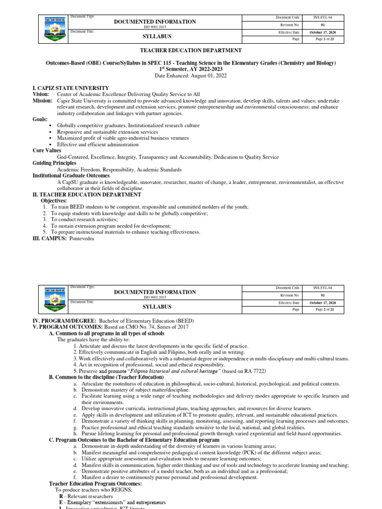 OBE Syllabus for Teaching Science in BEED | PDF | Reproduction | Learning