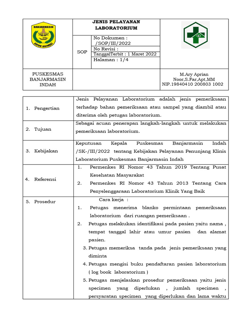 SOP Jenis Pelayanan Laboratorium | PDF