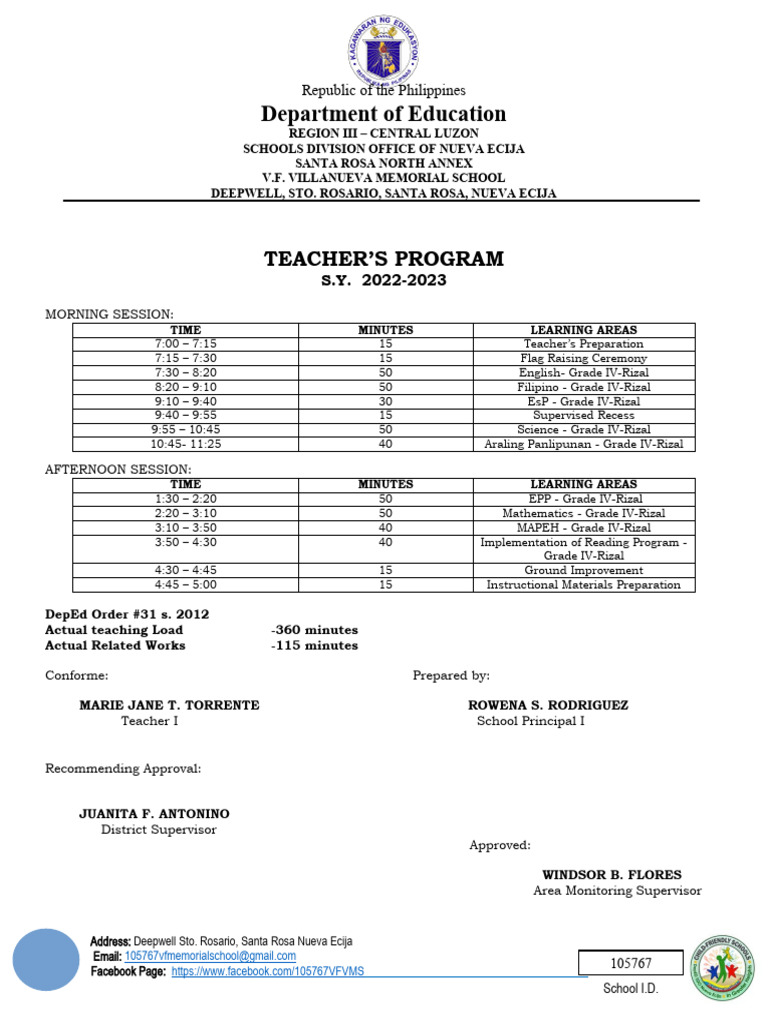 Gr. 4 6 Sample Teachers Program | PDF | Philippines | Government