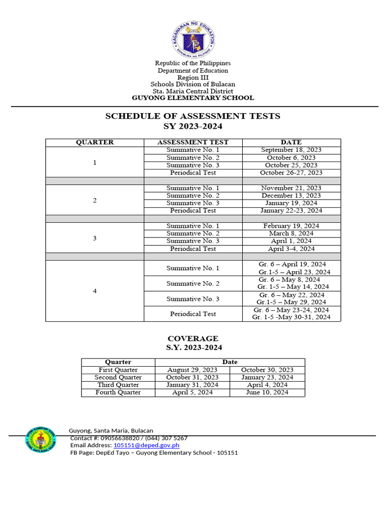 Schedule of Summative Tests SY 2023 2024 | PDF | Philippines