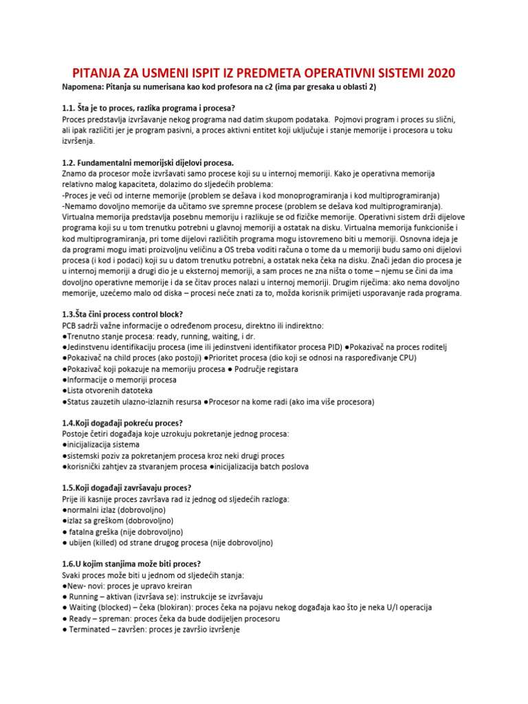 Skripta Za Usmeni OS 2020 | PDF