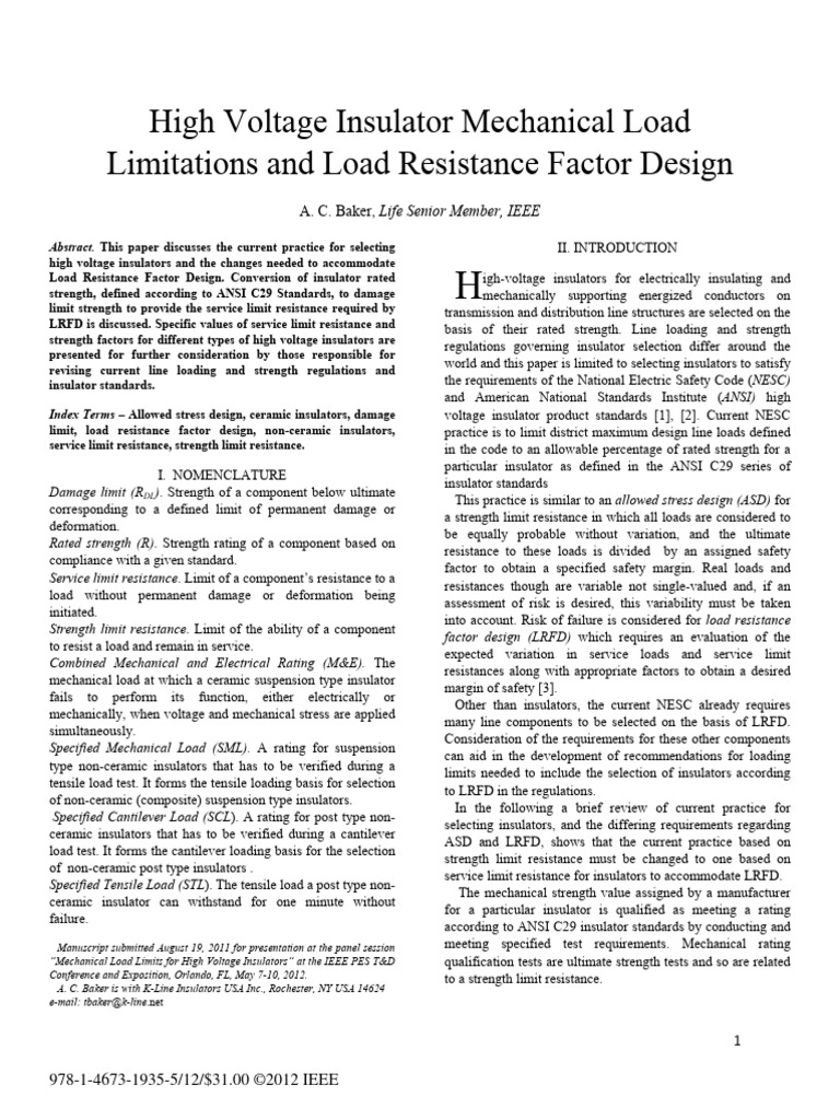 High Voltage Insulator Mechanical Load Limitations And Load Resistance 