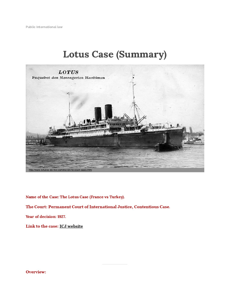 Lotus Case (Summary) - Public International Law | PDF | Jurisdiction ...