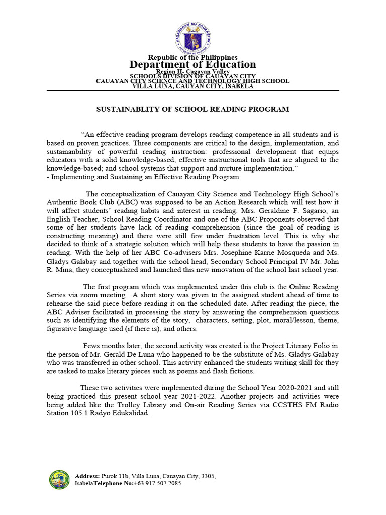 Sustainability of School Reading Program | PDF | Libraries