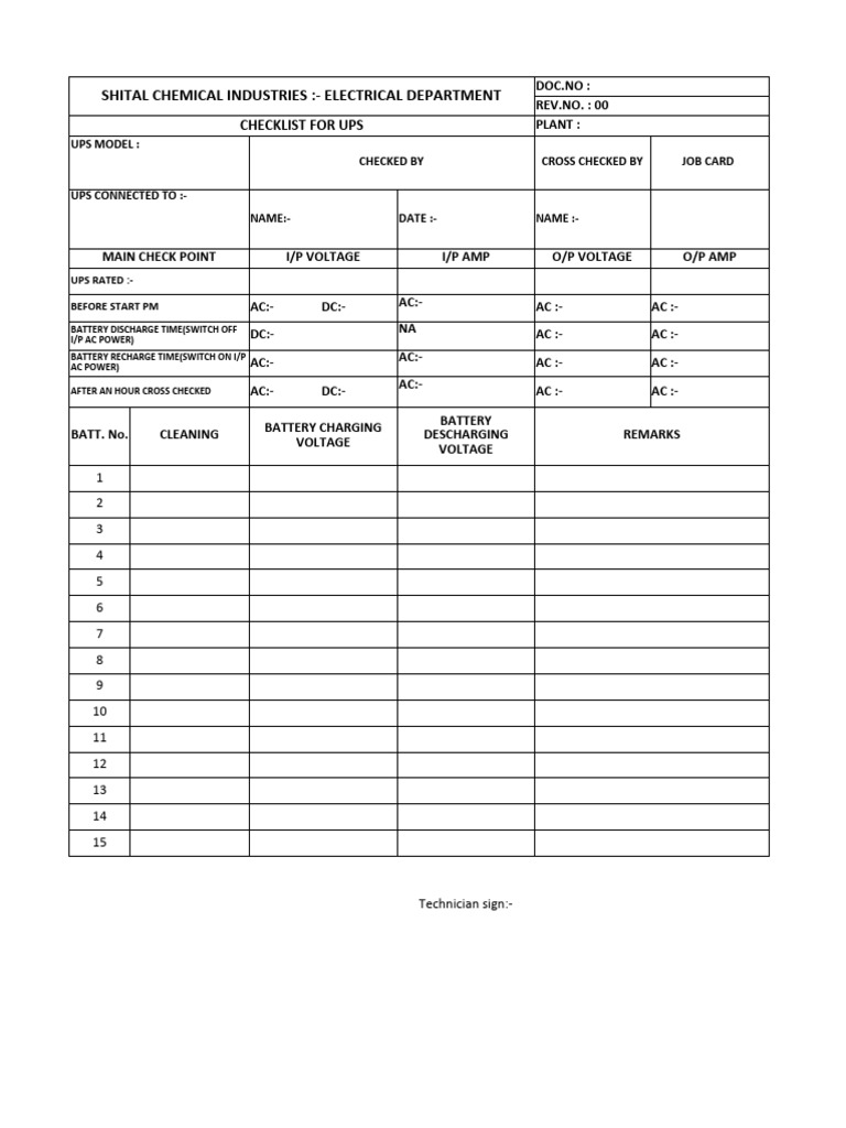 Shital Chemical Industries:-Electrical Department: Checklist For Ups ...