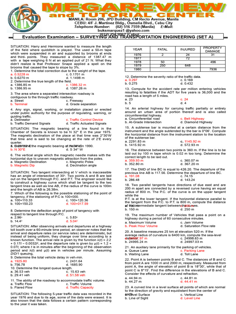 Answer Evaluation Exam Surveying and Transportation Eng Set A 1 2pdf | PDF