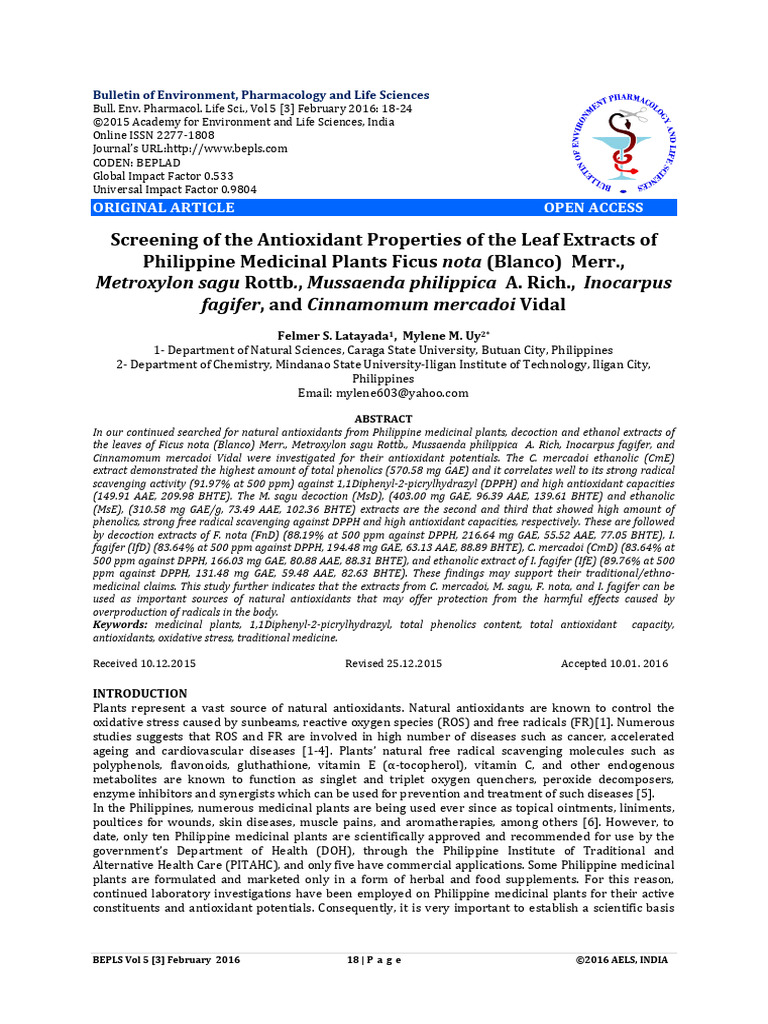 Screening of The Antioxidant Properties of The Leaf Extracts of ...