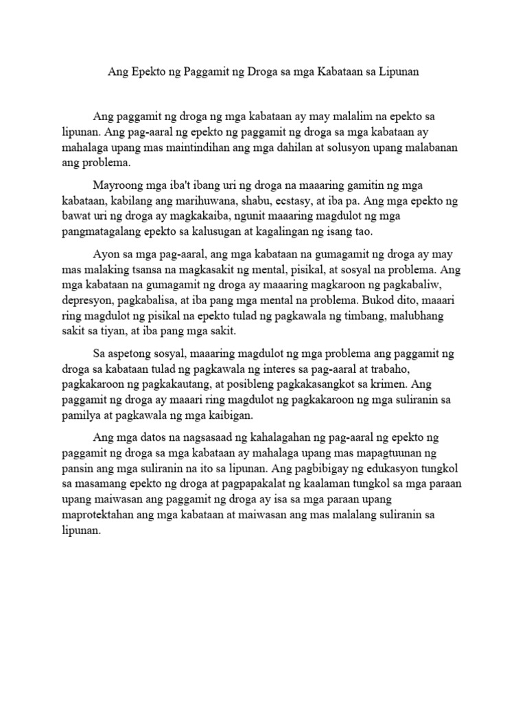 Ang Epekto NG Paggamit NG Droga Sa Mga Kabataan Sa Lipunan | PDF