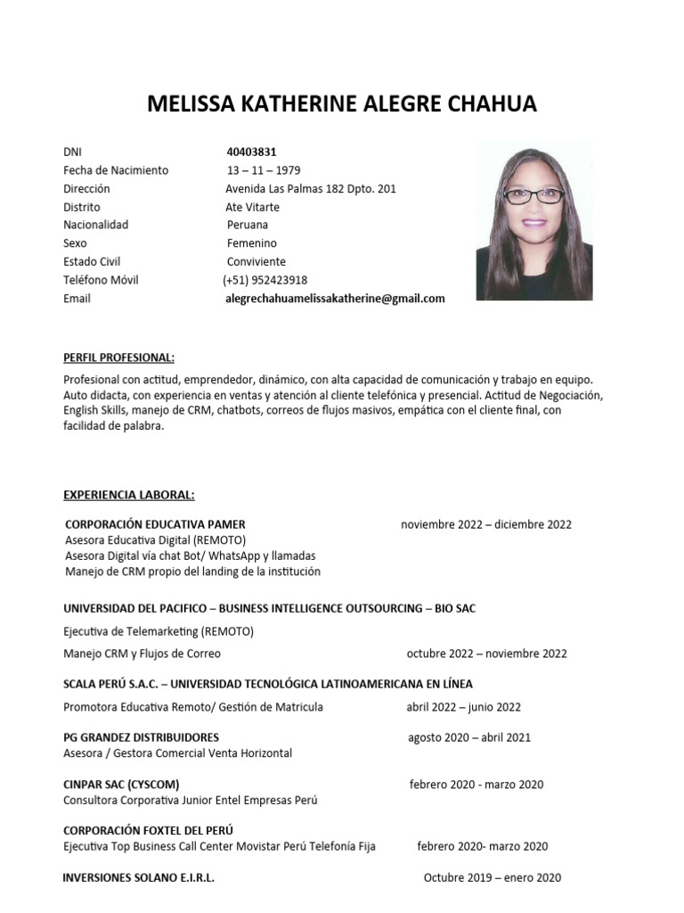 CV Melissa Alegre 2023 Ok | PDF | Industrias de servicio | Business
