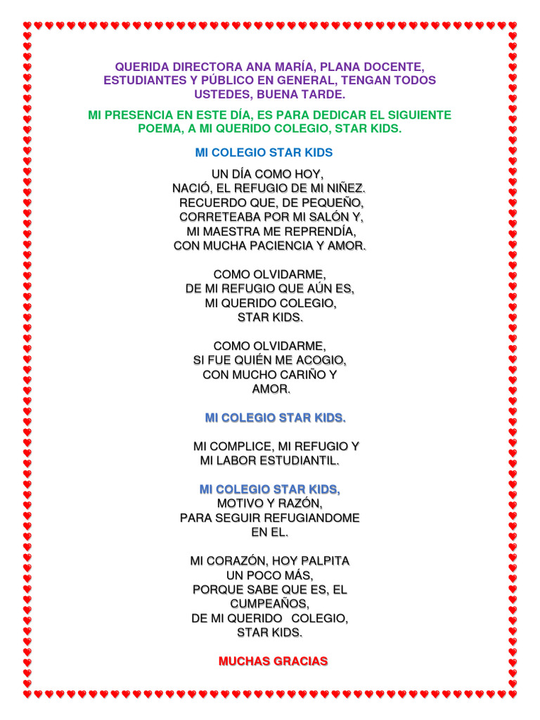 Poema A Mi Colegio Star Kids. | PDF
