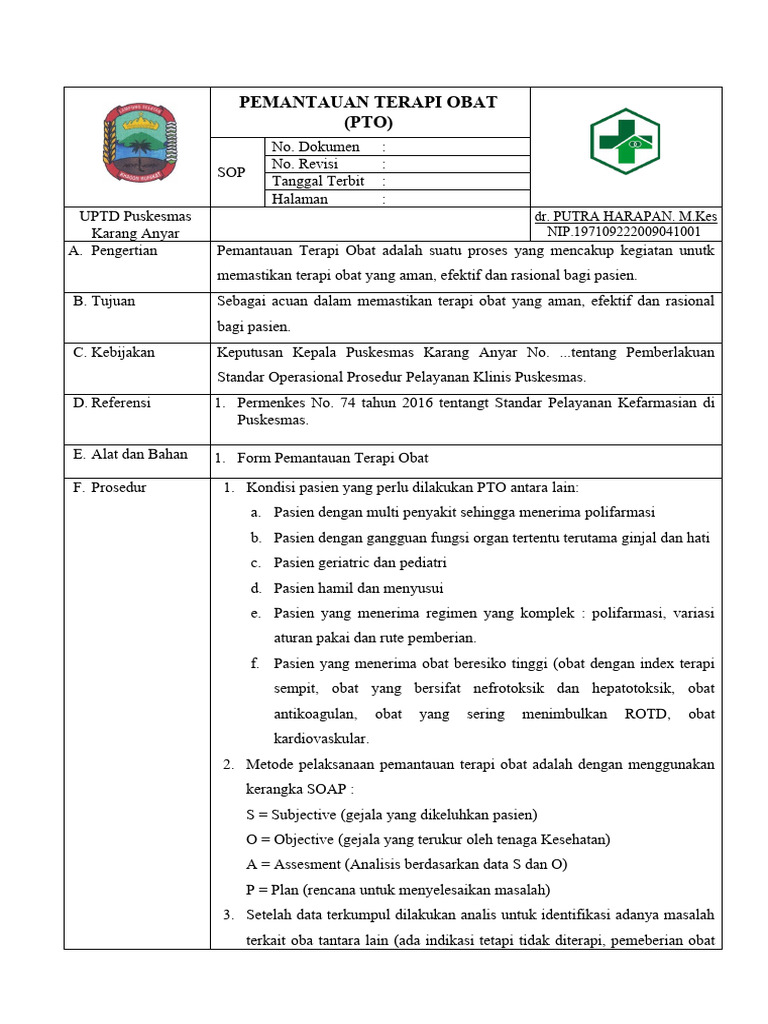 Sop Pemantauan Terapi Obat (Pto) | PDF