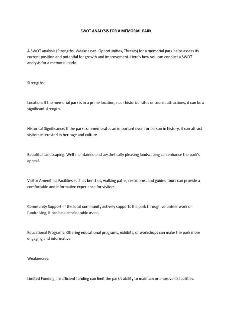 Swot Analysis For A Memorial Park | PDF | Swot Analysis | Parks