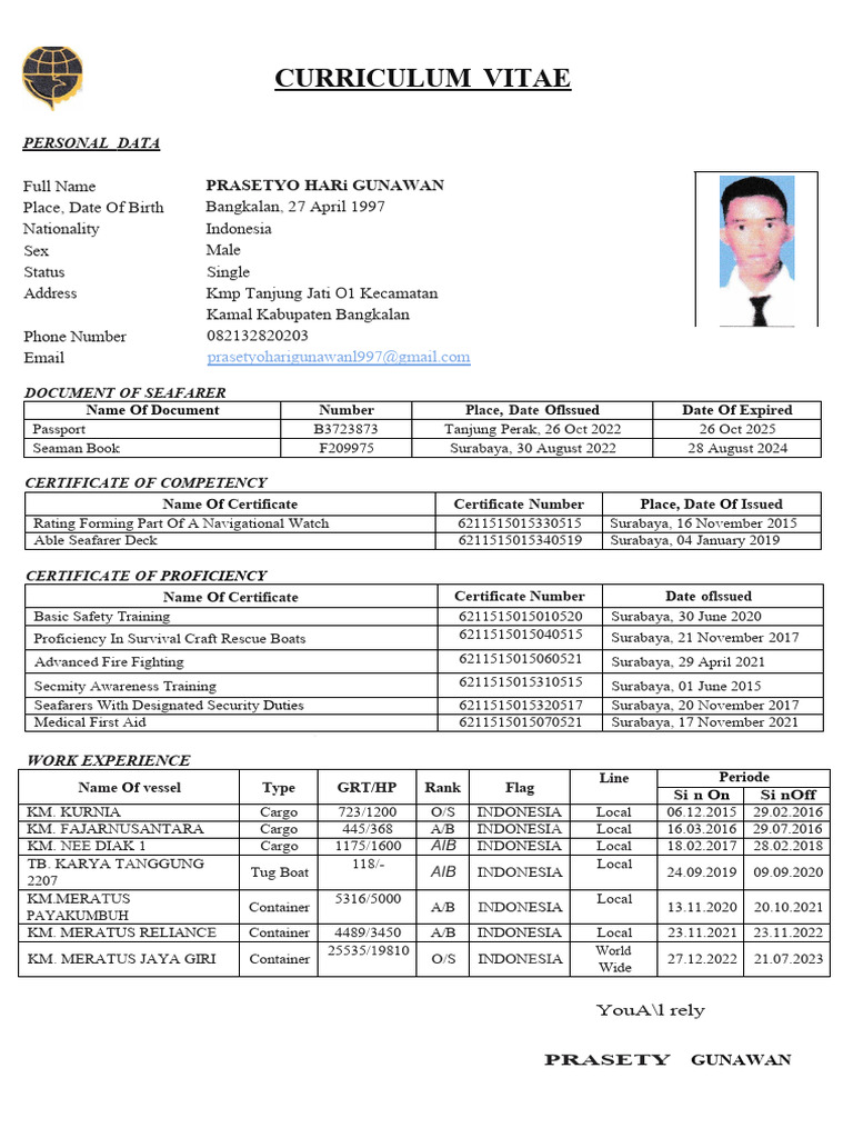 Prasetyo Gunawan Seafarer CV | PDF | Sailor | Watercraft
