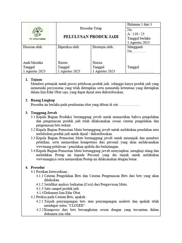 Prosedur Tetap Pelulusan Produk Jadi | PDF | Teknologi & Rekayasa