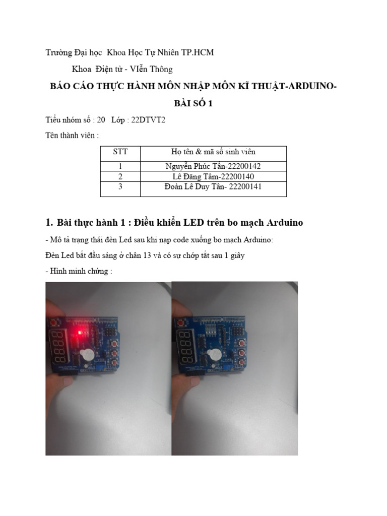 Tiểu Nhóm Số 20-22DTV2-Báo Cáo TH NMKT Arduino - 1 | PDF