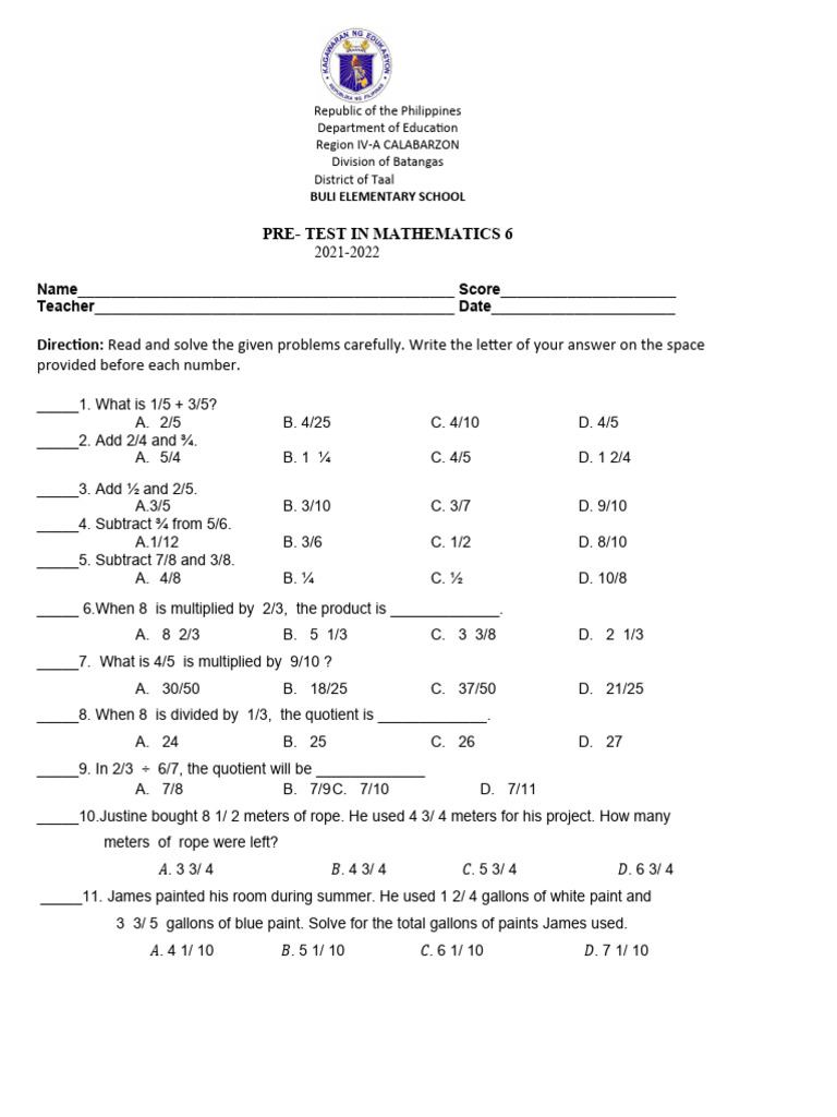 Math Pre-Test for Grade 6 Students | PDF | Teaching Methods & Materials