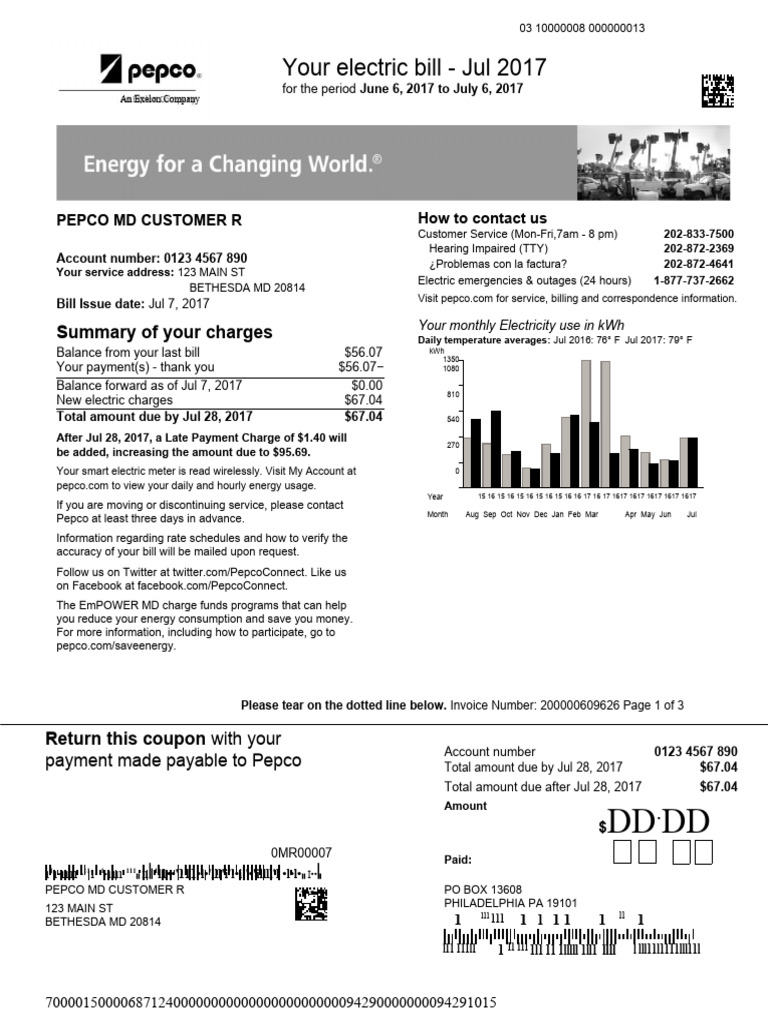 PEPCO Electric Bill Sample - July 2017 | PDF | Debit Card | Electricity