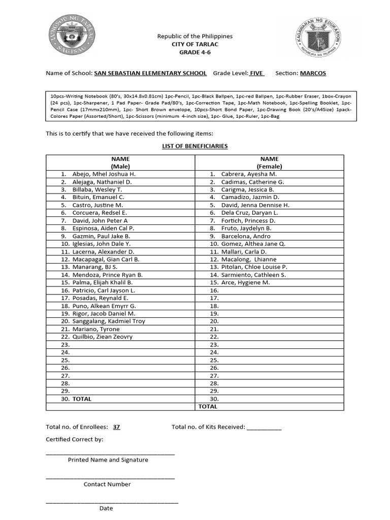 5-Marcos Attendance-School-Kits - Grade-4-6-2023 | PDF | Tools ...
