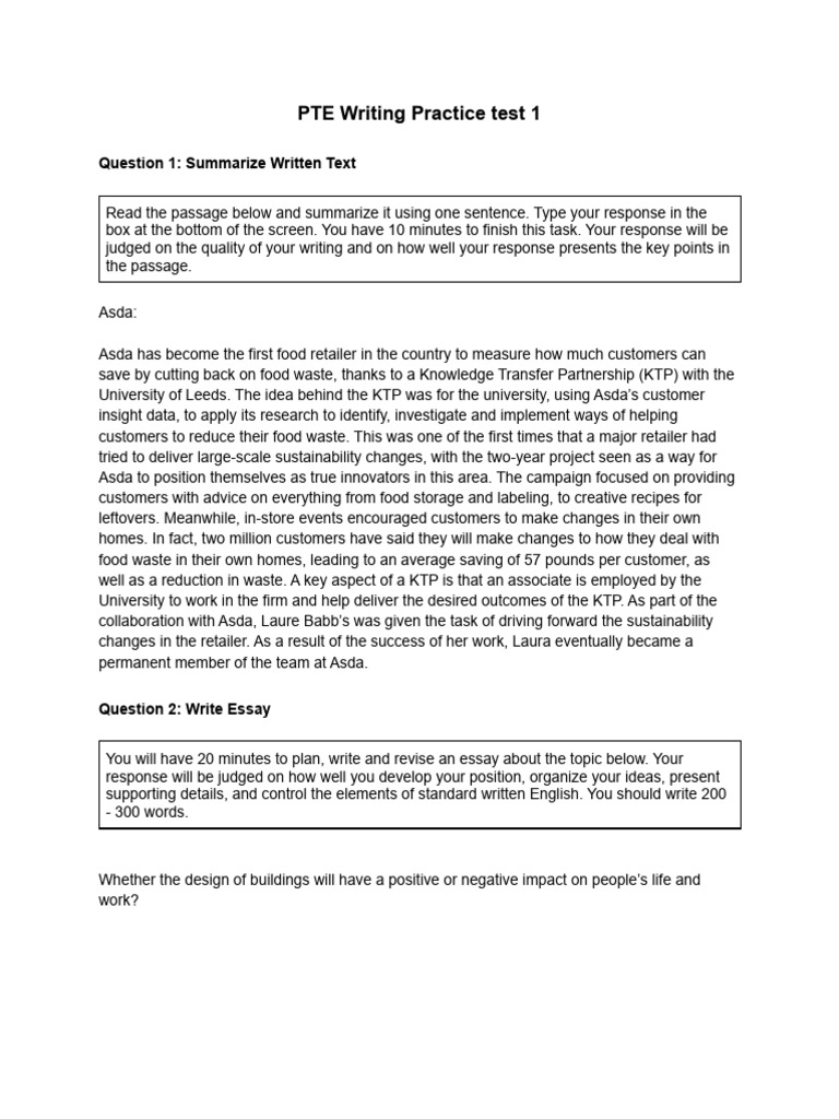 PTE Writing Practice: Essays & Summaries | PDF | Retail | Quality Of Life