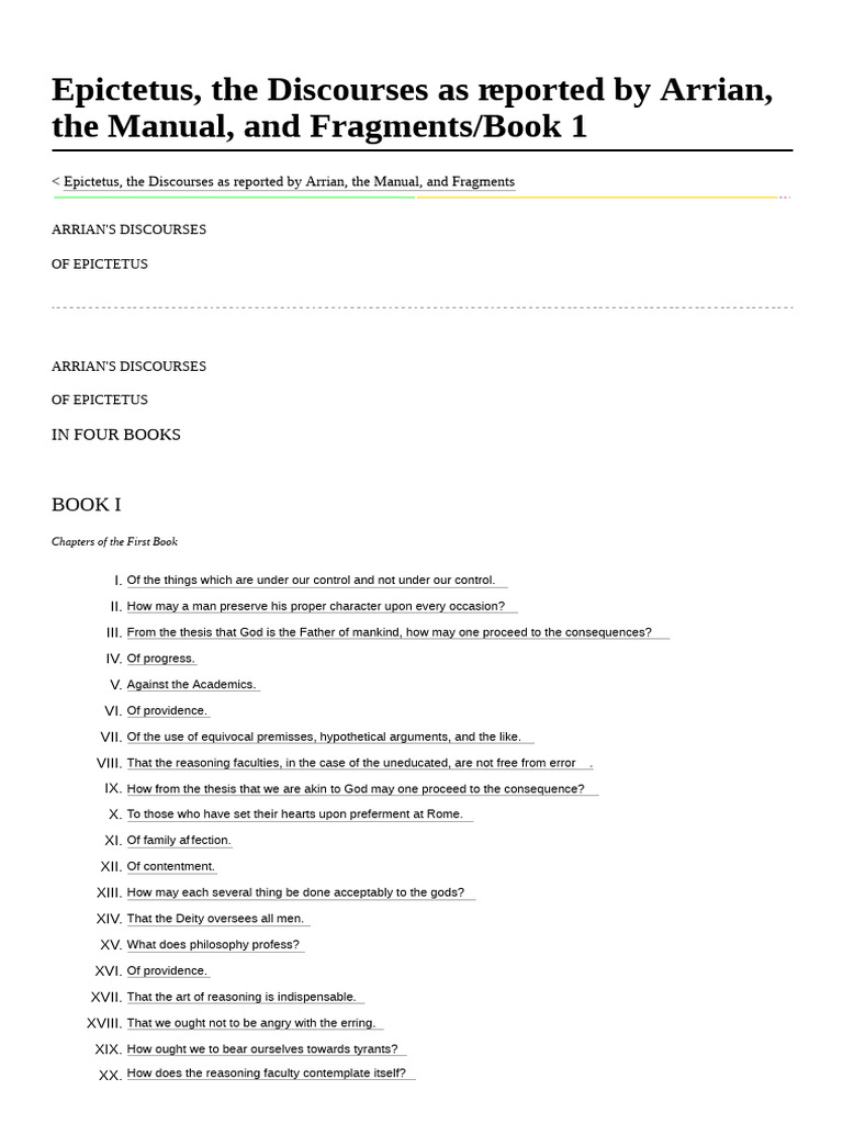 Epictetus' Discourses Book 1 Summary | PDF | Roman Era People | Ethical ...