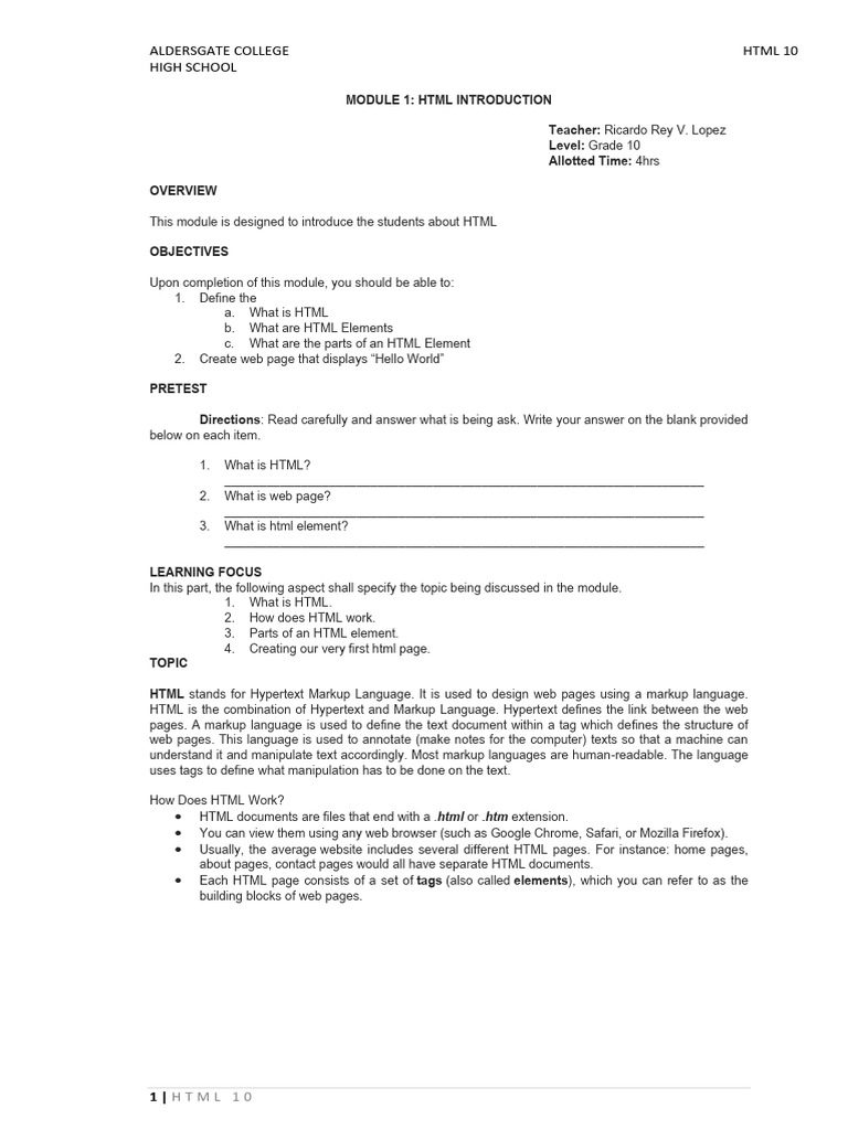 Module 1 Introduction To HTML | PDF | Html Element | Html
