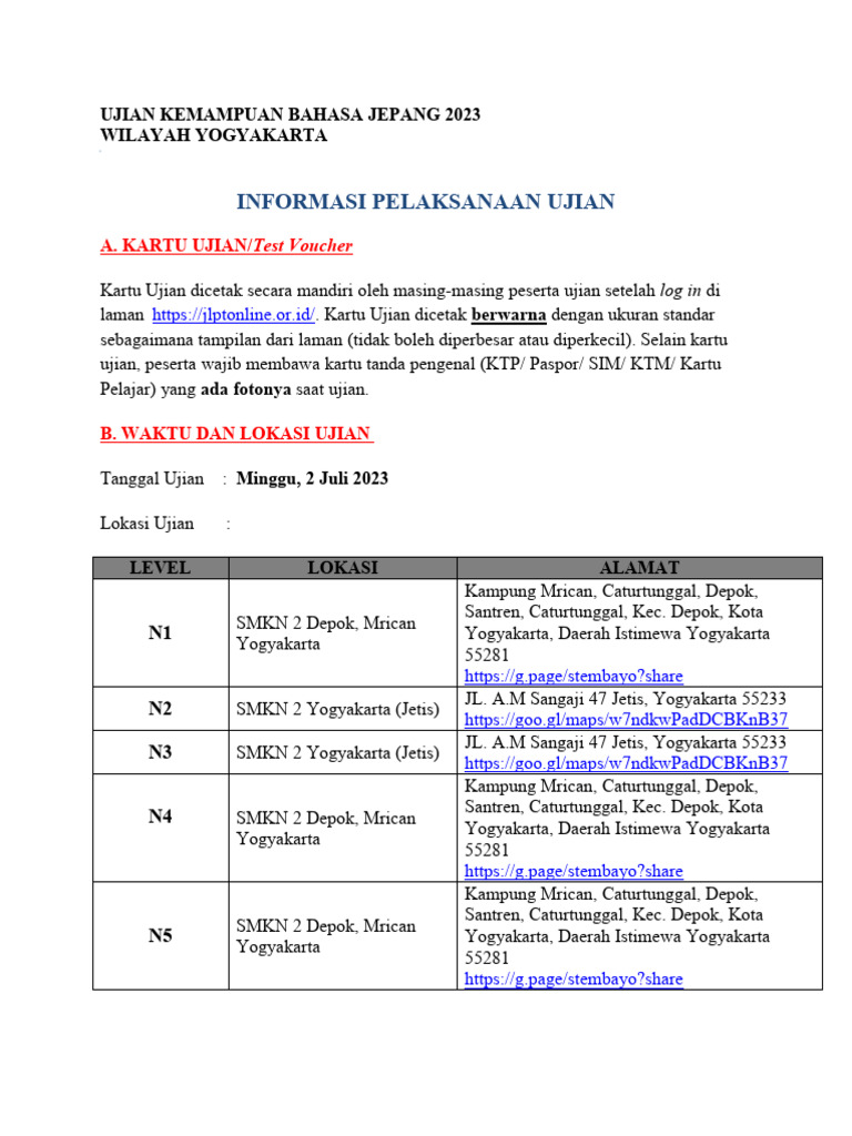 Informasi Jadwal, Lokasi Ujian Dan Peraturan Pelaksanaan Ujian JLPT 2023 YOGYAKARTA | PDF