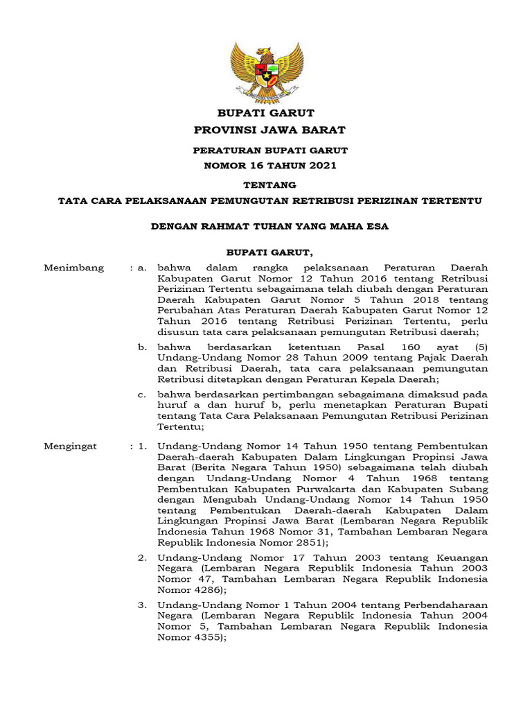 Perbup No 16 TH 2021 TTG Tata Cara Pelaksanaan Pemungutan Retribusi ...