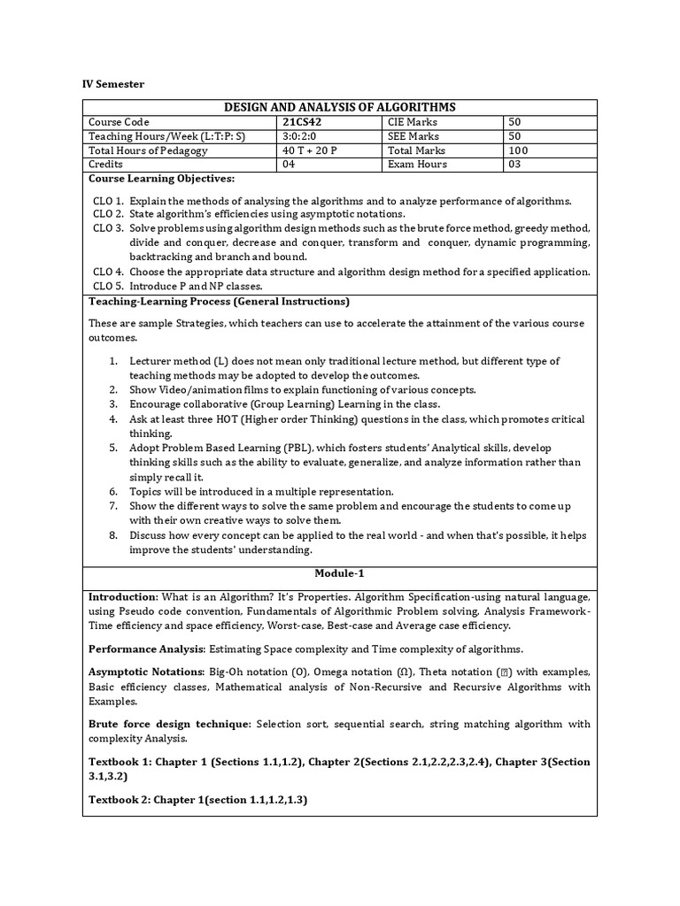 21CS42 Design and Analysis of Algorithms | PDF | Computational Complexity Theory | Time Complexity