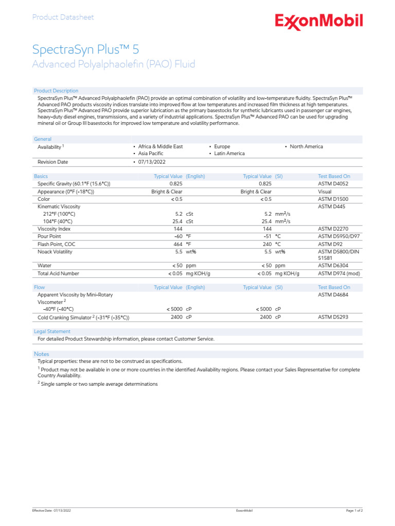 Spectrasyn Plus™ 5: Advanced Polyalphaolefin (Pao) Fluid | PDF ...