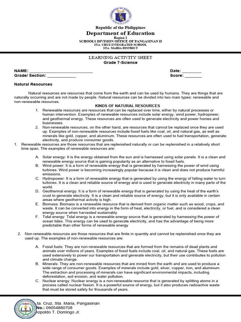 Grade-7 Renewable Resources | PDF | Renewable Energy | Energy Development