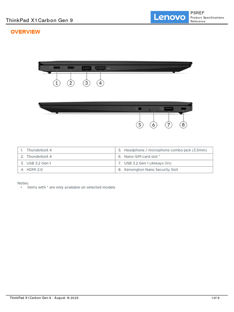 ThinkPad X1 Carbon Gen 9 Spec | PDF | Usb | Computer Hardware